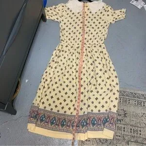 Vintage | Dresses | Vintage 7s Beige Midi Dress Peter Pan Lace Collar ...